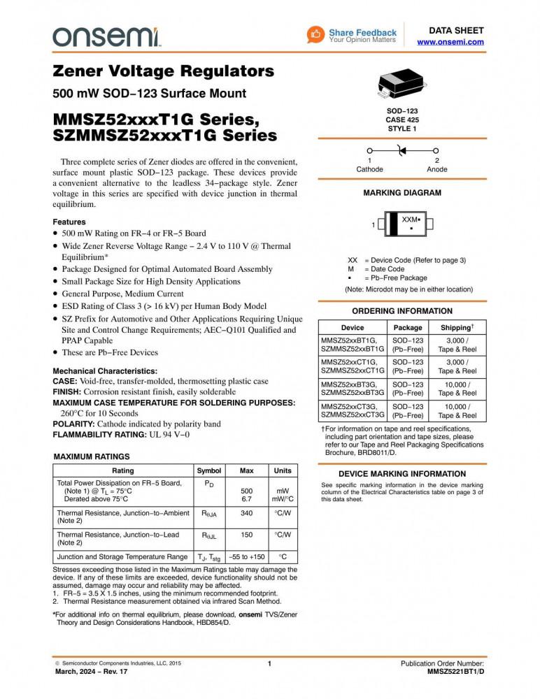 MMSZ5238BT1G datasheet page 1