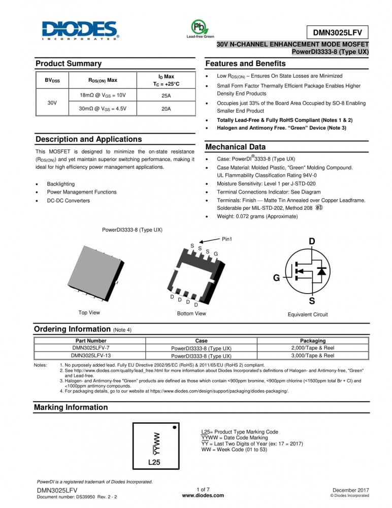DMN3025LFV-13 datasheet page 1