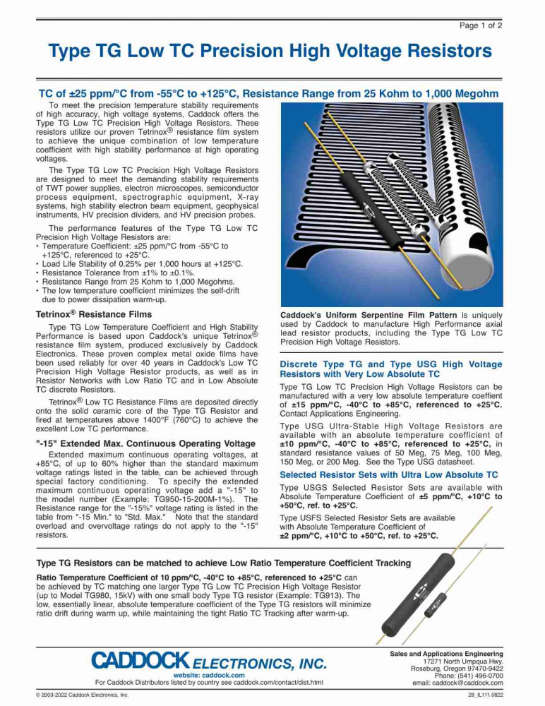 Caddock Type TG datasheet visual, page 1