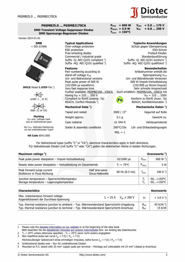 DIOTEC P6SMBJ series datasheet page 1