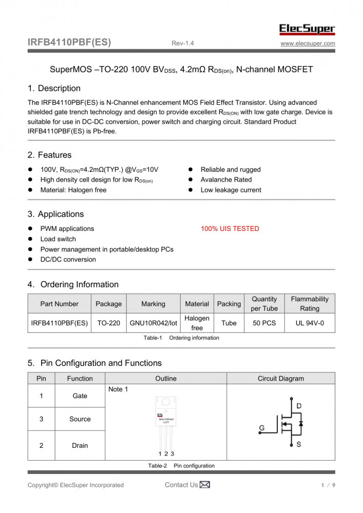 IRFB4110PBF(ES) datasheet page 1