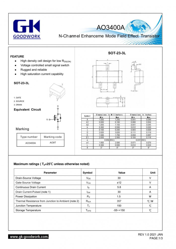 AO3400A technical document page 1
