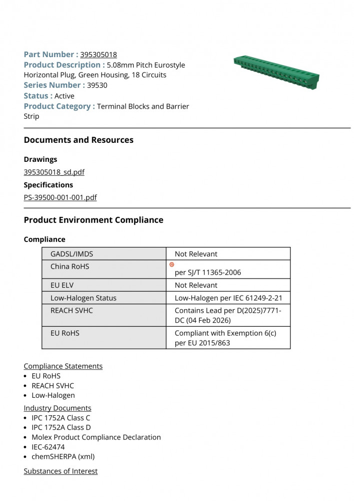 MOLEX 395305018 technical document page 1