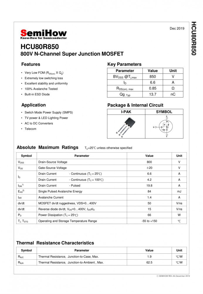 HCU80R850 datasheet page 1