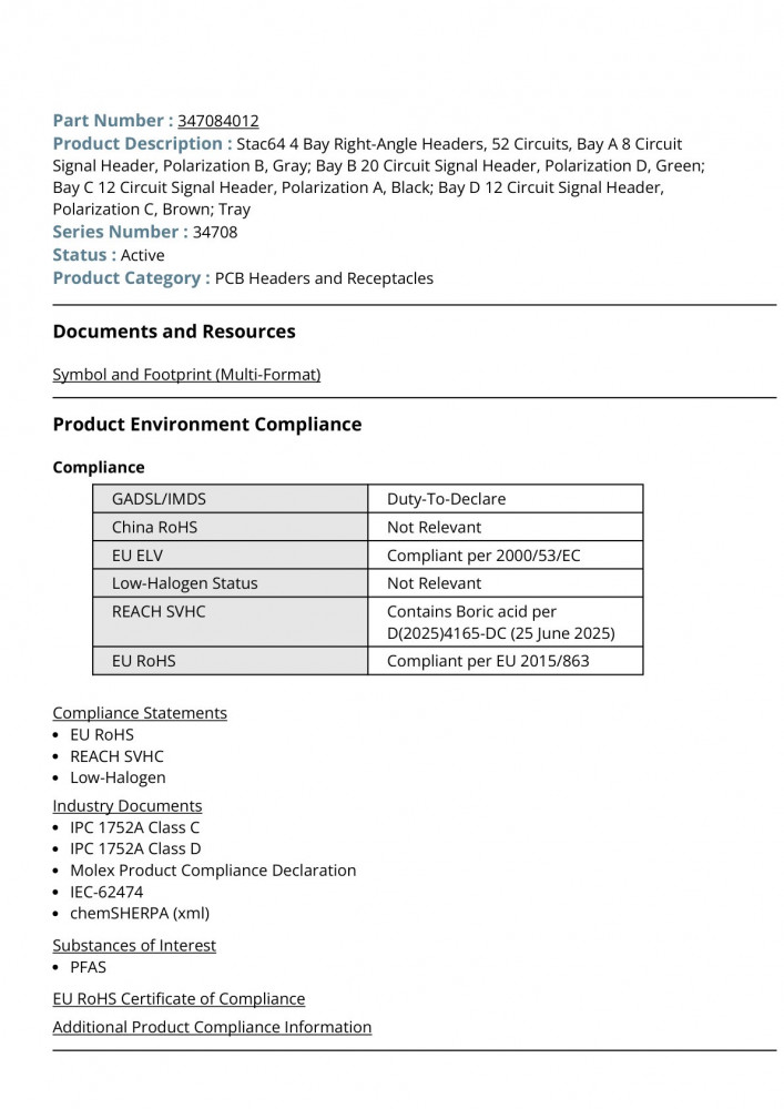 Technical document page 1 for MOLEX 347084012