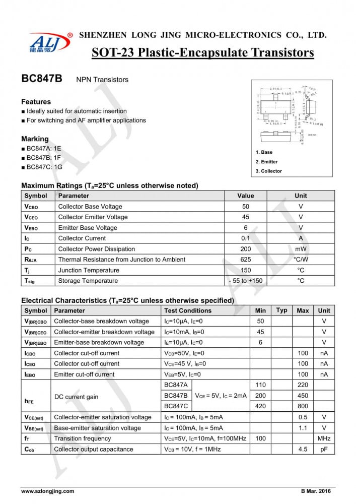 ALJ BC847B datasheet page 1