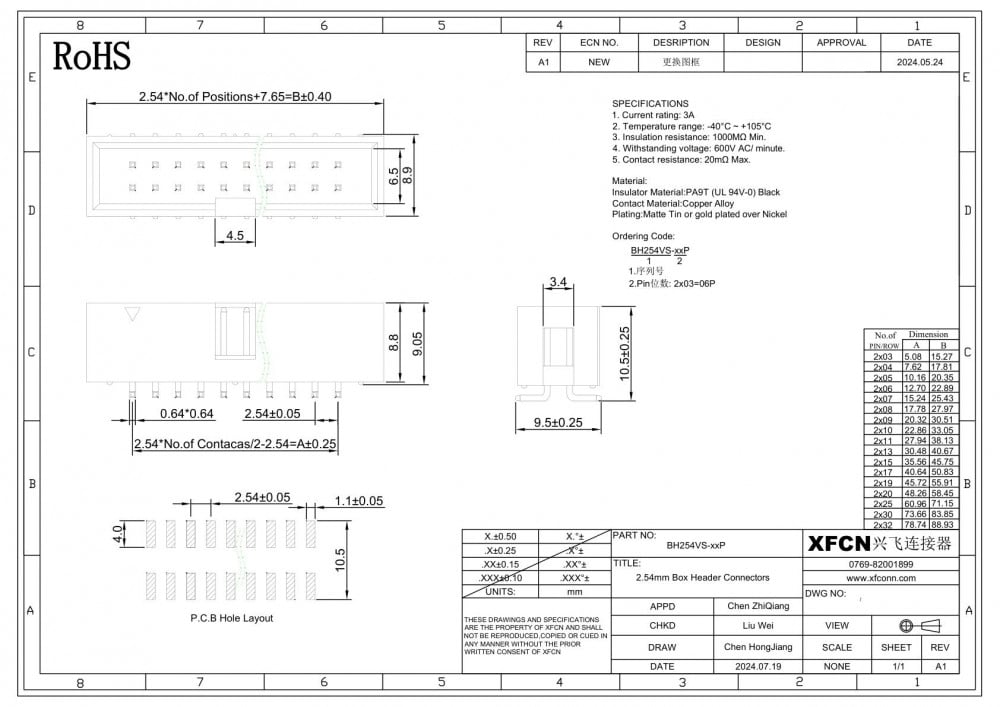 XFCN BH254VS-40P 2.54 mm box header drawing preview