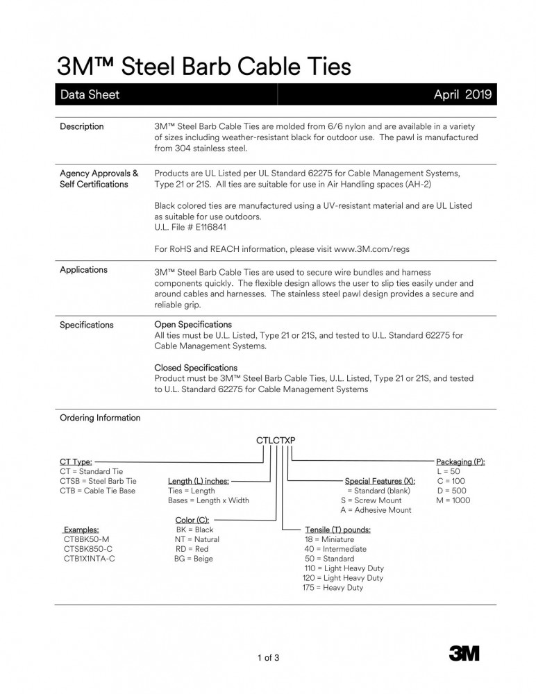 3M Steel Barb Cable Ties technical document page 1