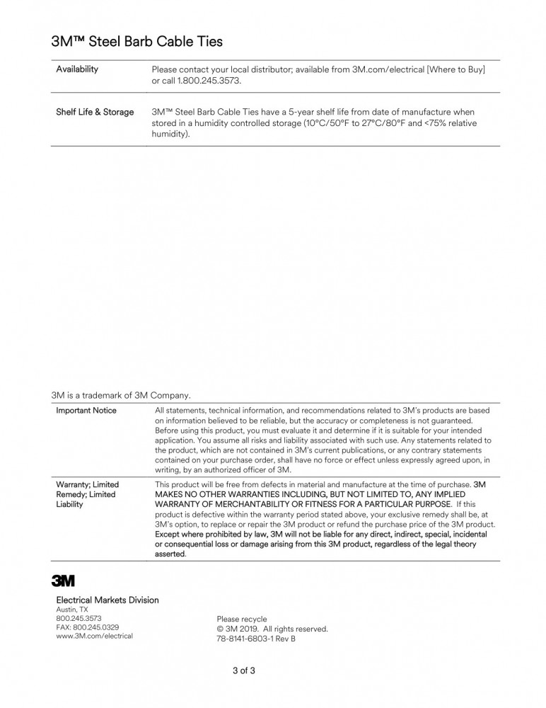 3M Steel Barb Cable Ties technical document page 3