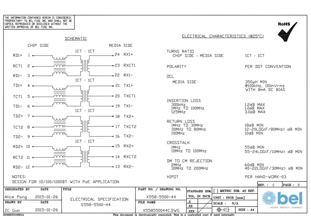 Bel Fuse S558-5500-44 electrical specifications drawing