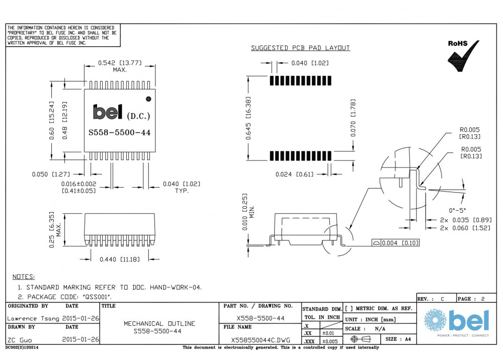 Bel Fuse S558-5500-44 mechanical outline drawing