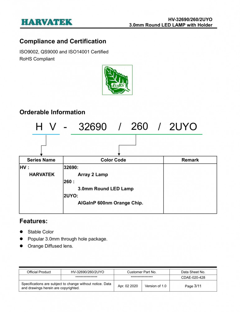 HV-32690/260/2UYO datasheet page 3
