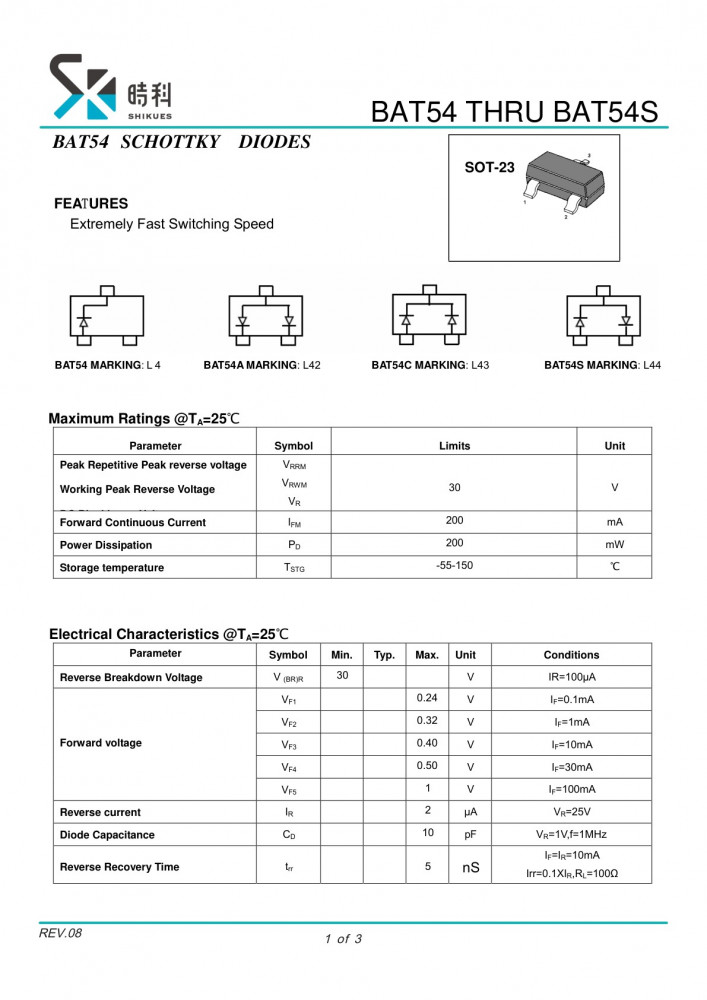 BAT54A datasheet page 1