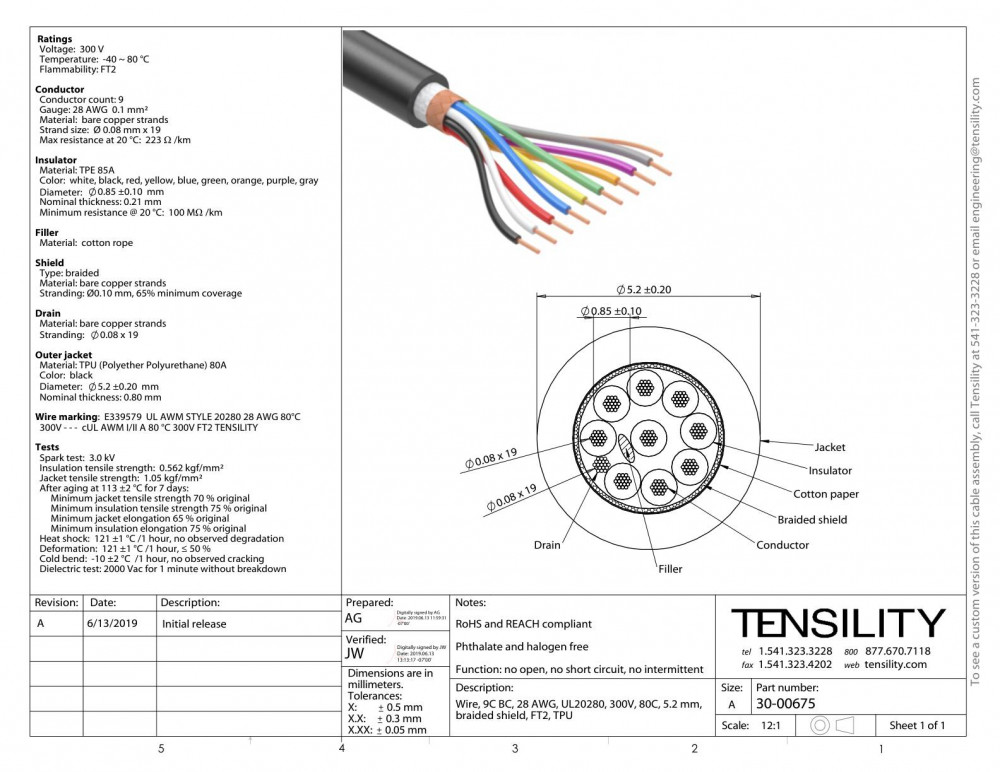 30-00675 product drawing and cable specification reference