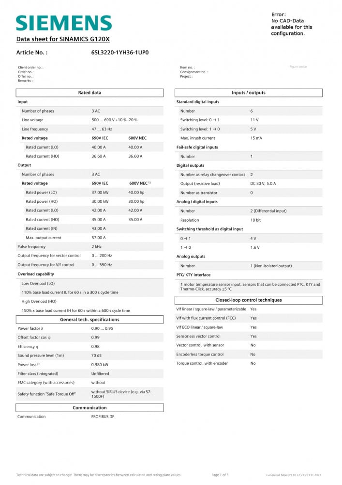 6SL3220-1YH36-1UP0 datasheet page 1