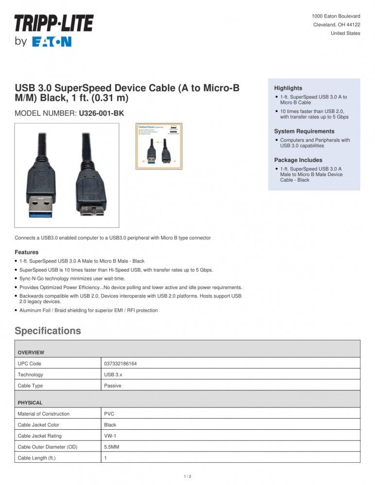 EATON U326-001-BK technical document page 1