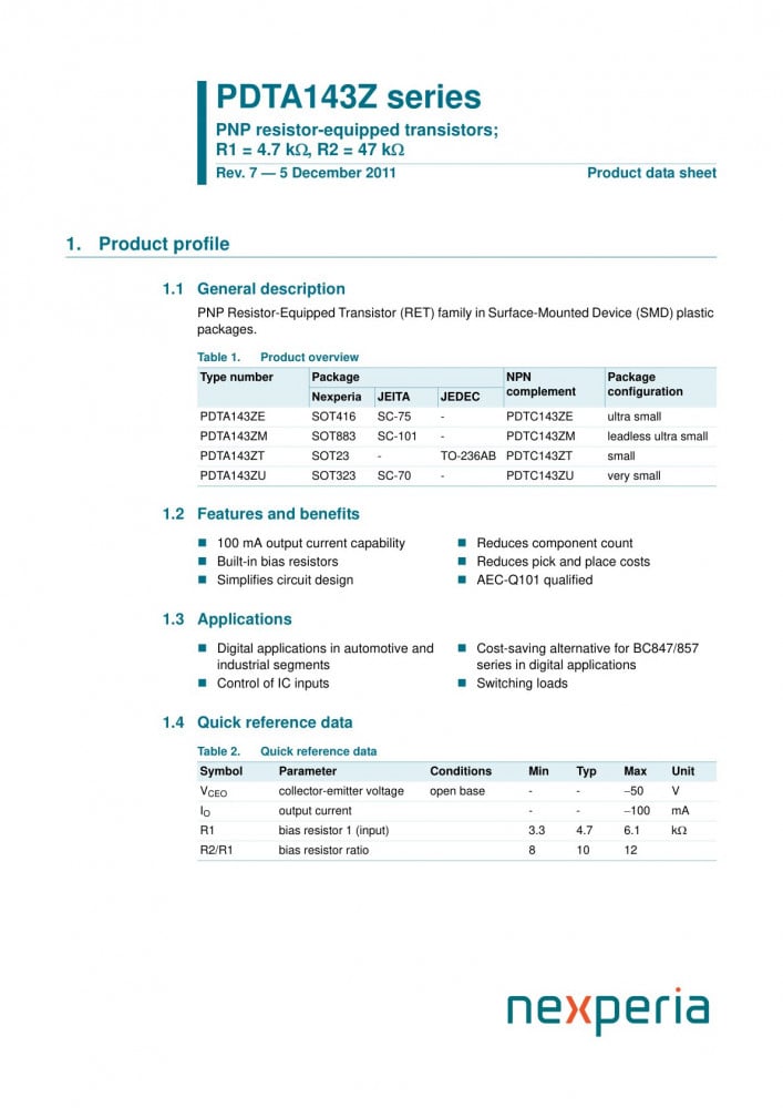 PDTA143ZM datasheet page 1