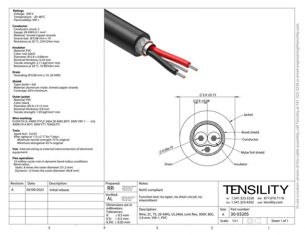 Tensility 30-03205 cable product drawing and specifications
