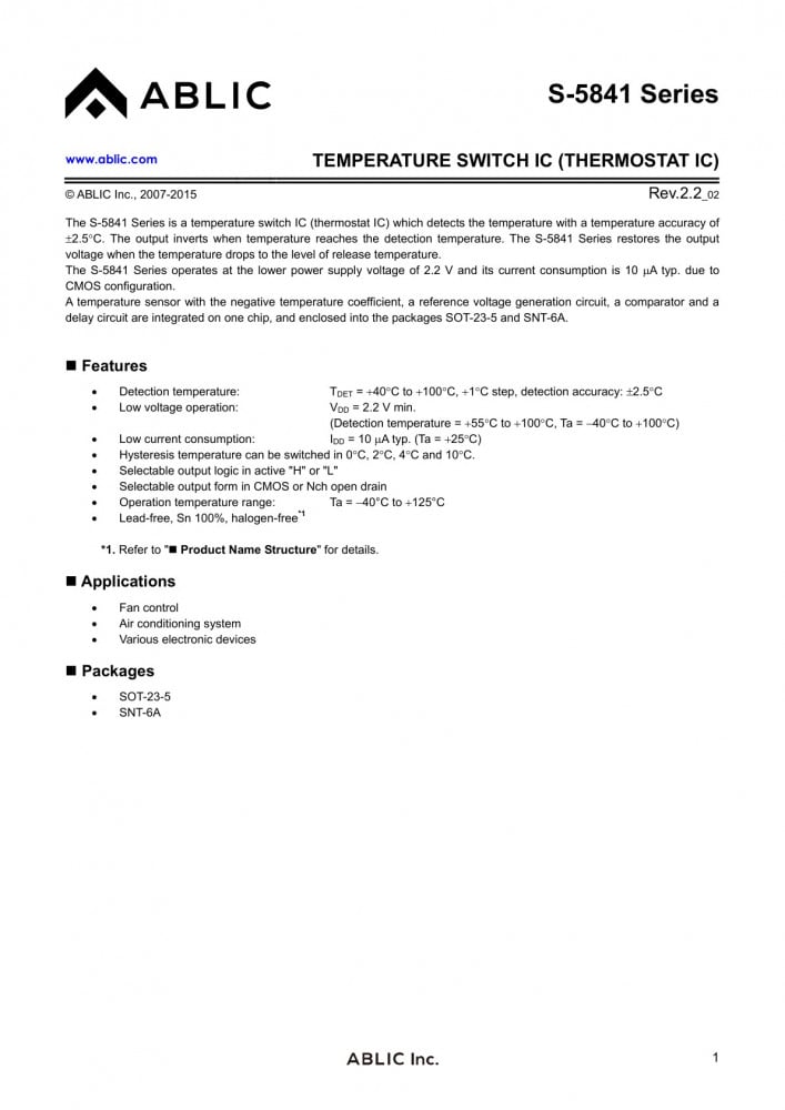 ABLIC S-5841 datasheet page 1