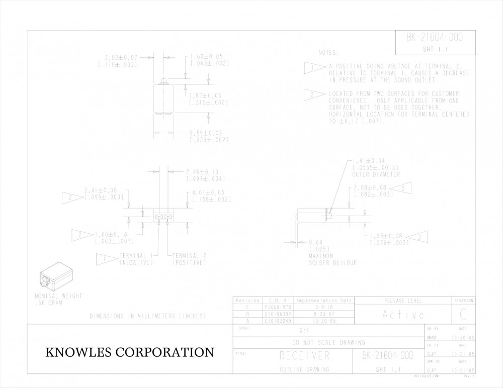 Knowles BK-21604-000 receiver specification page 1