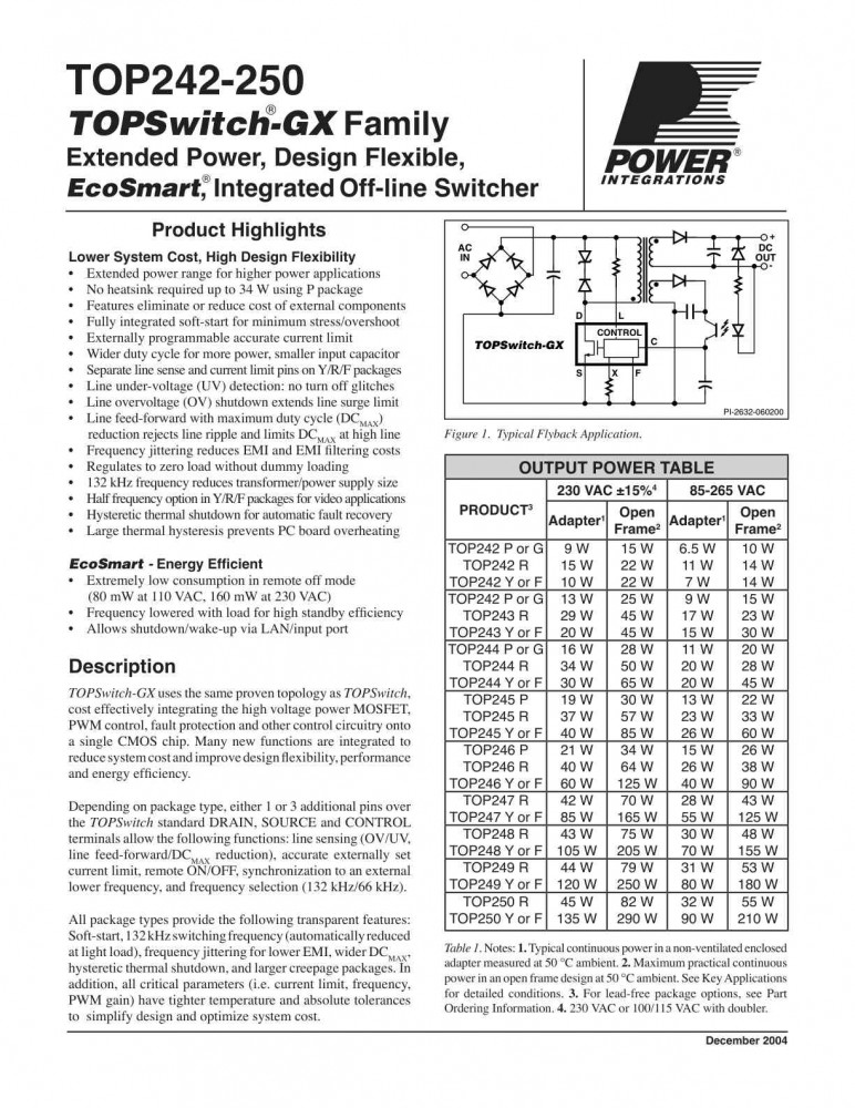 TOP242PN technical document page 1