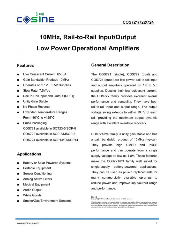 COS721SR datasheet page 1