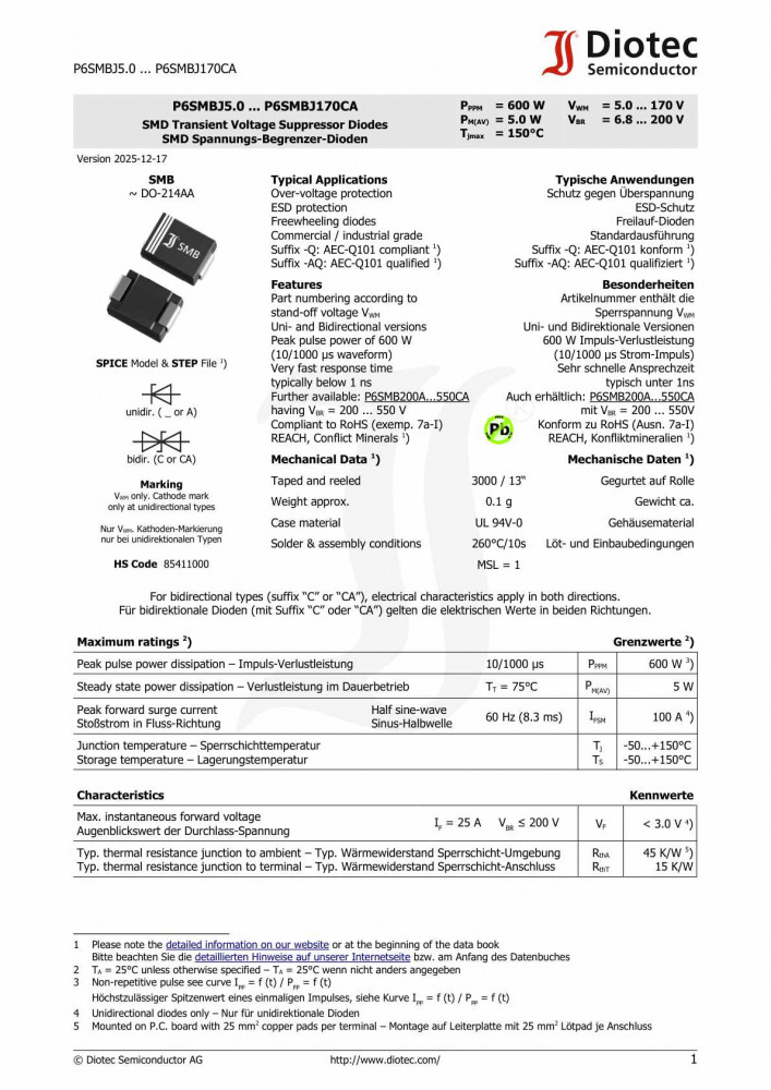 DIOTEC P6SMBJ series datasheet page 1