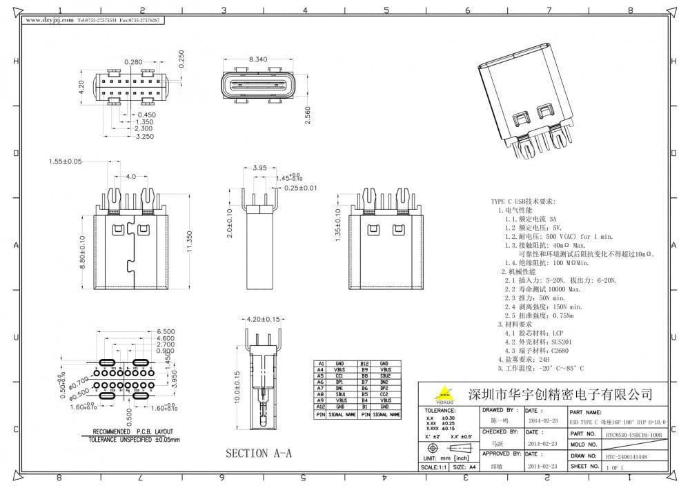 HOAUC HYCW530-USBC16-100B USB Type-C receptacle drawing