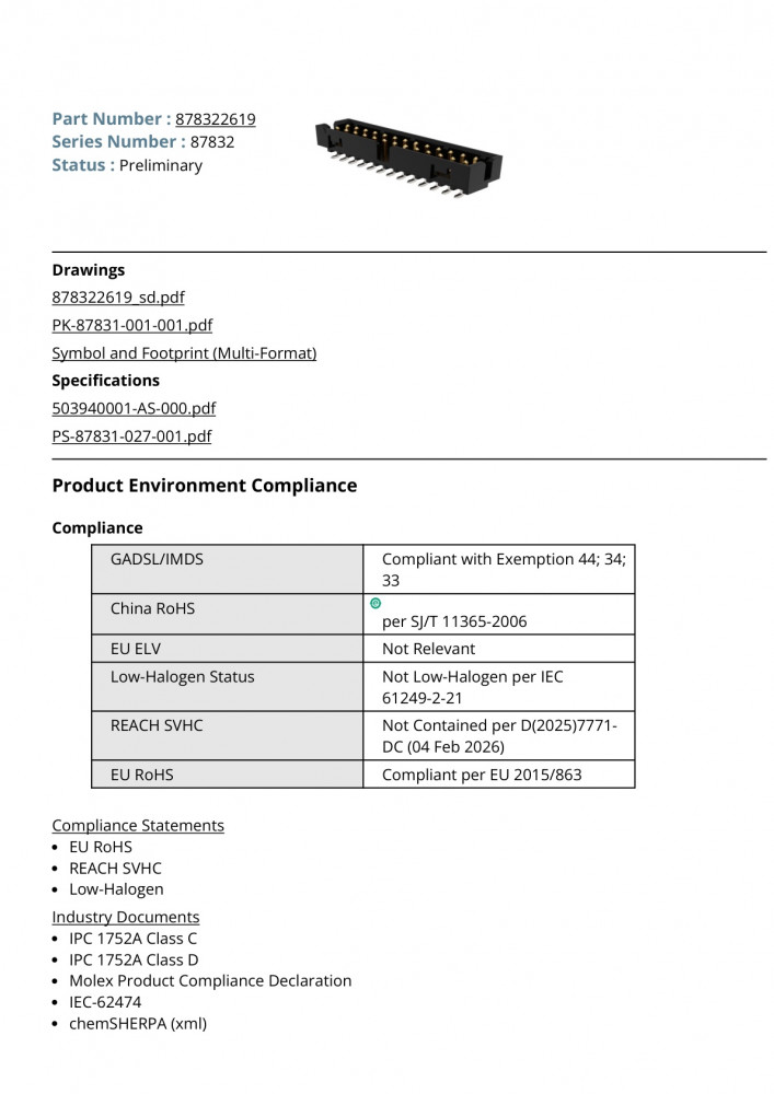 Molex 878322619 technical drawing page 1
