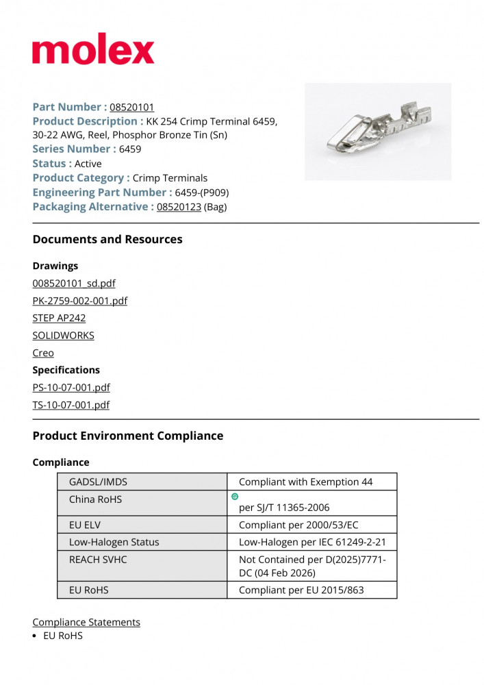 Molex KK 254 product specification page 1