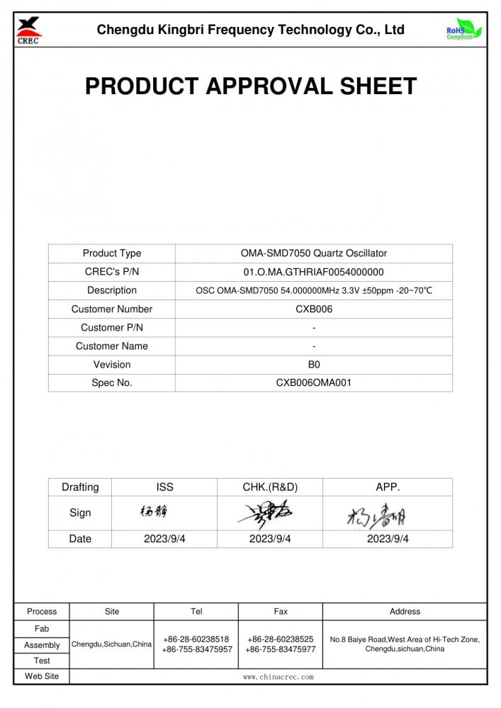 CREC product approval sheet page 1
