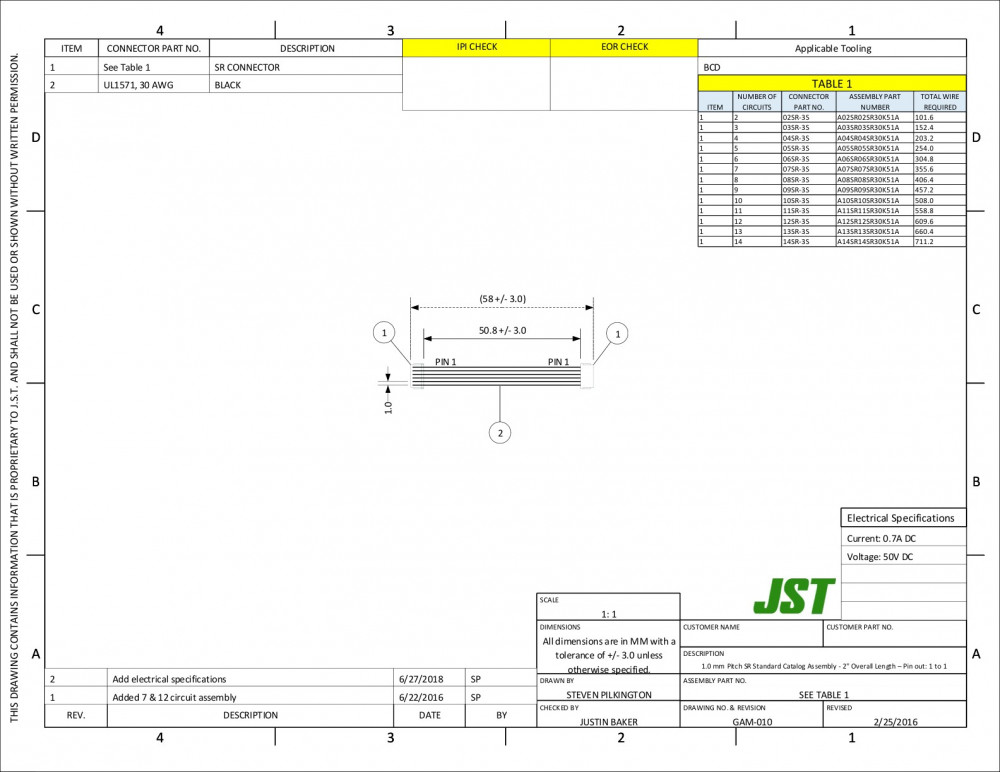 JST SR connector assembly technical document preview