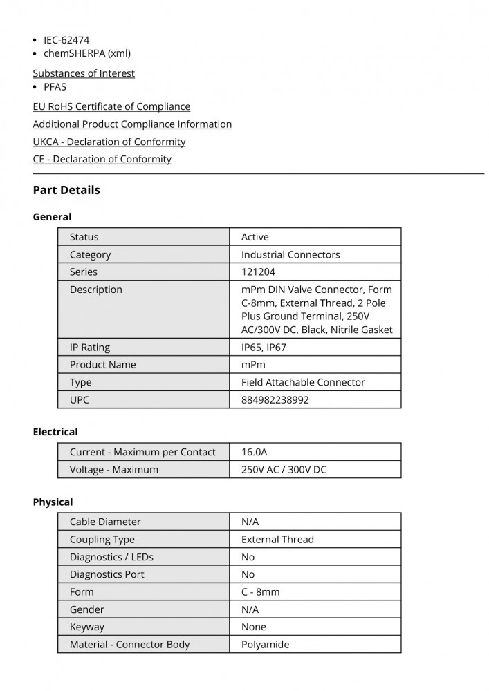DIN valve connector product specification, page image 2
