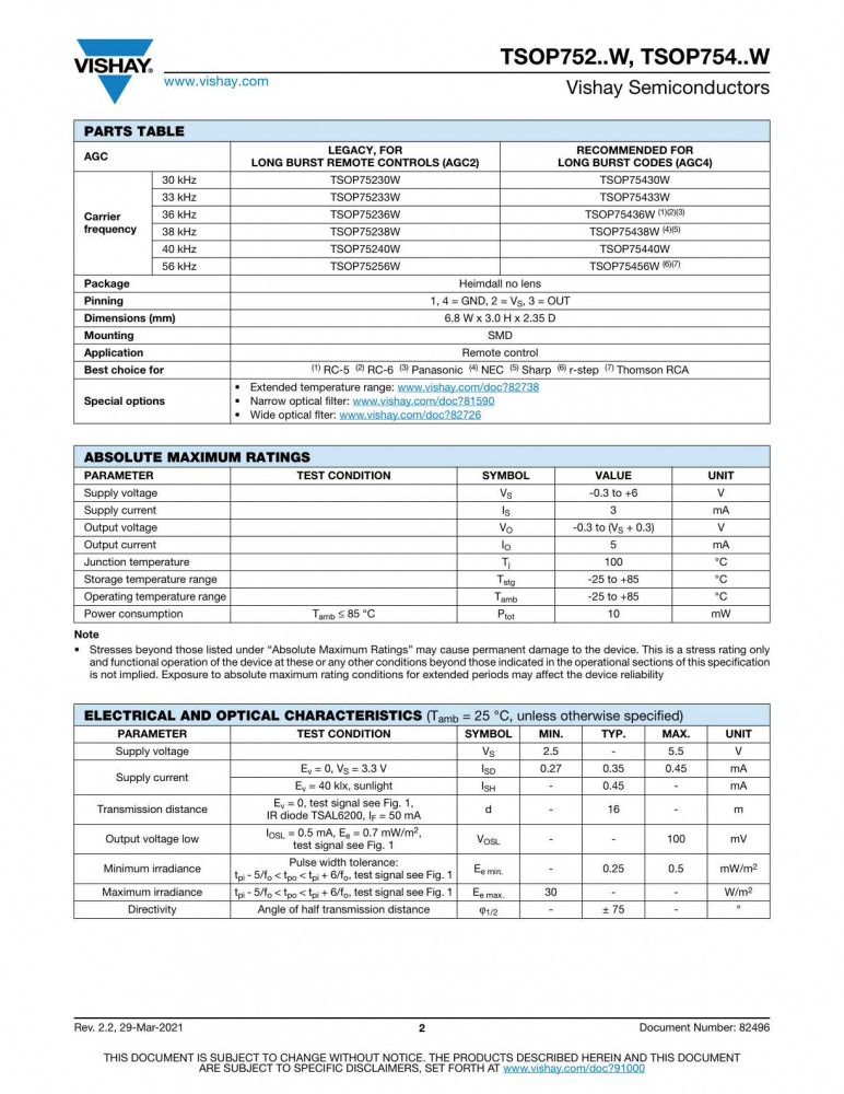 TSOP75456WTR datasheet page 2