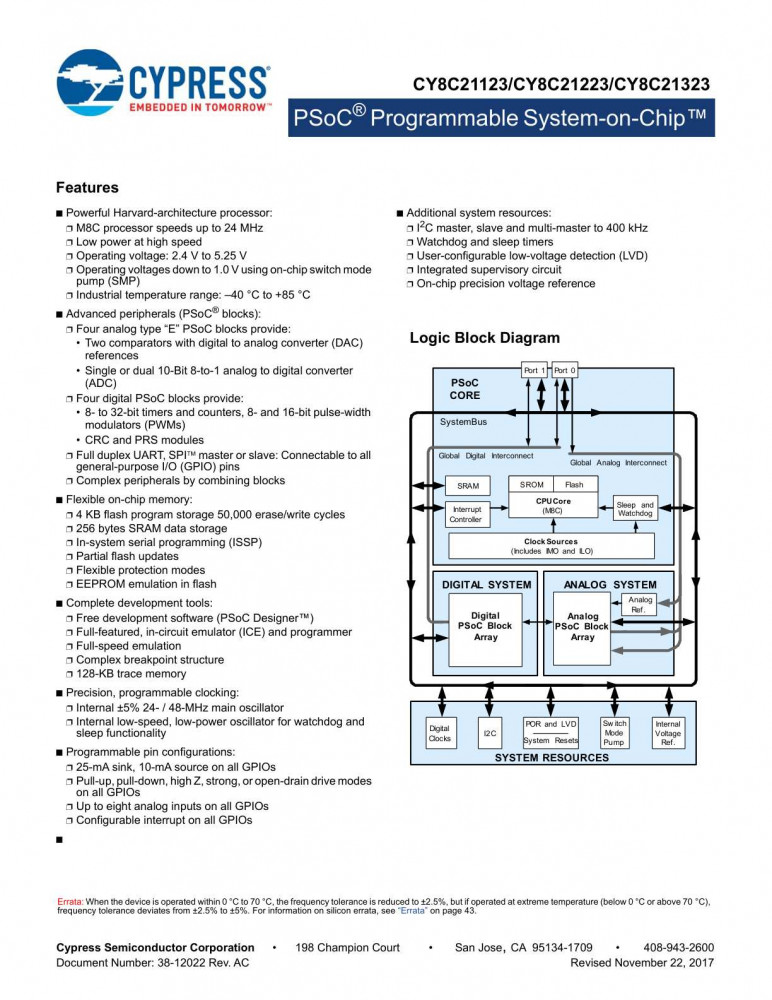 CY8C21123 datasheet page 1