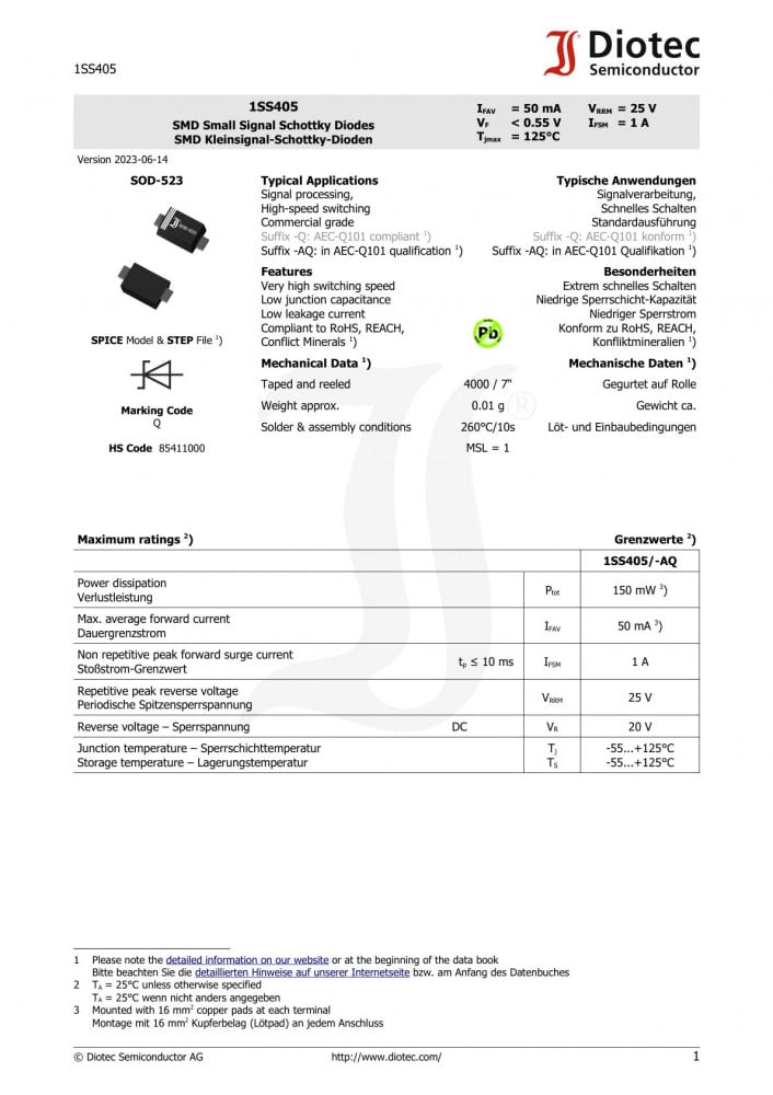 DIOTEC 1SS405 datasheet page 1