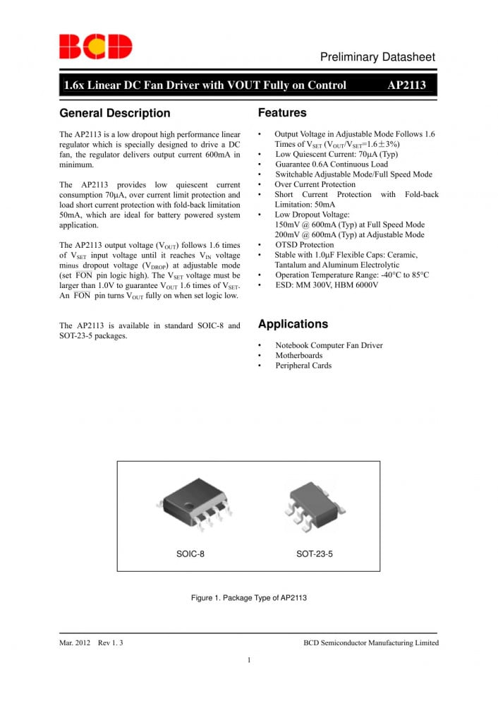 AP2113 datasheet page 1