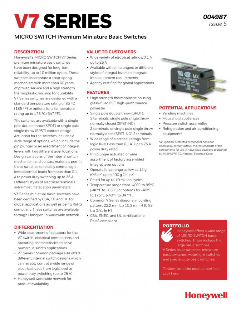 Honeywell V7 Series datasheet page 1