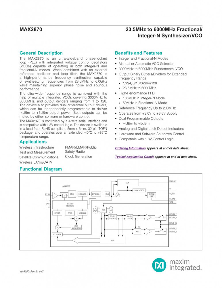 MAX2870 technical document page 1
