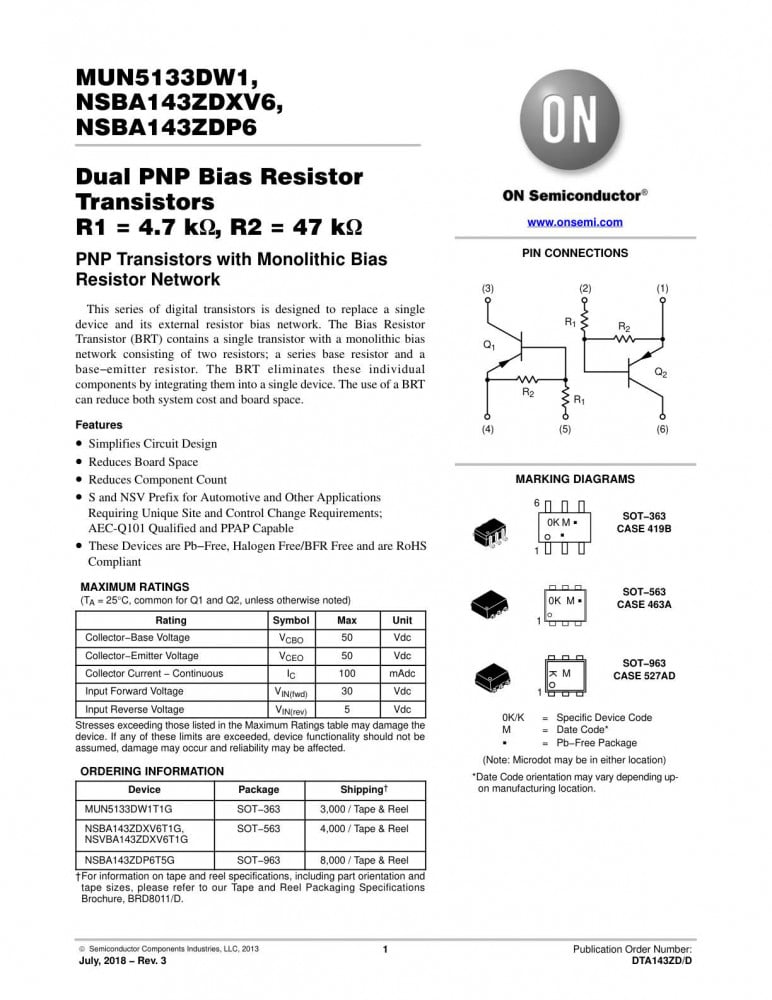 NSVBA143ZDXV6T1G datasheet page 1