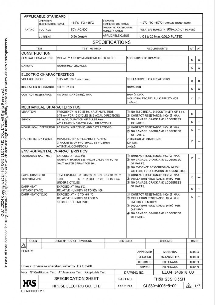 HRS FH50-28S-0.5SH specification sheet page 1