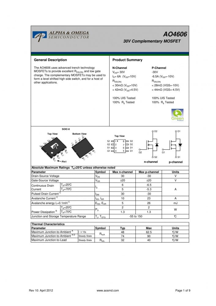 AO4606 datasheet page 1