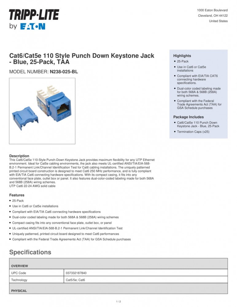 EATON N238-025-BL technical document page 1