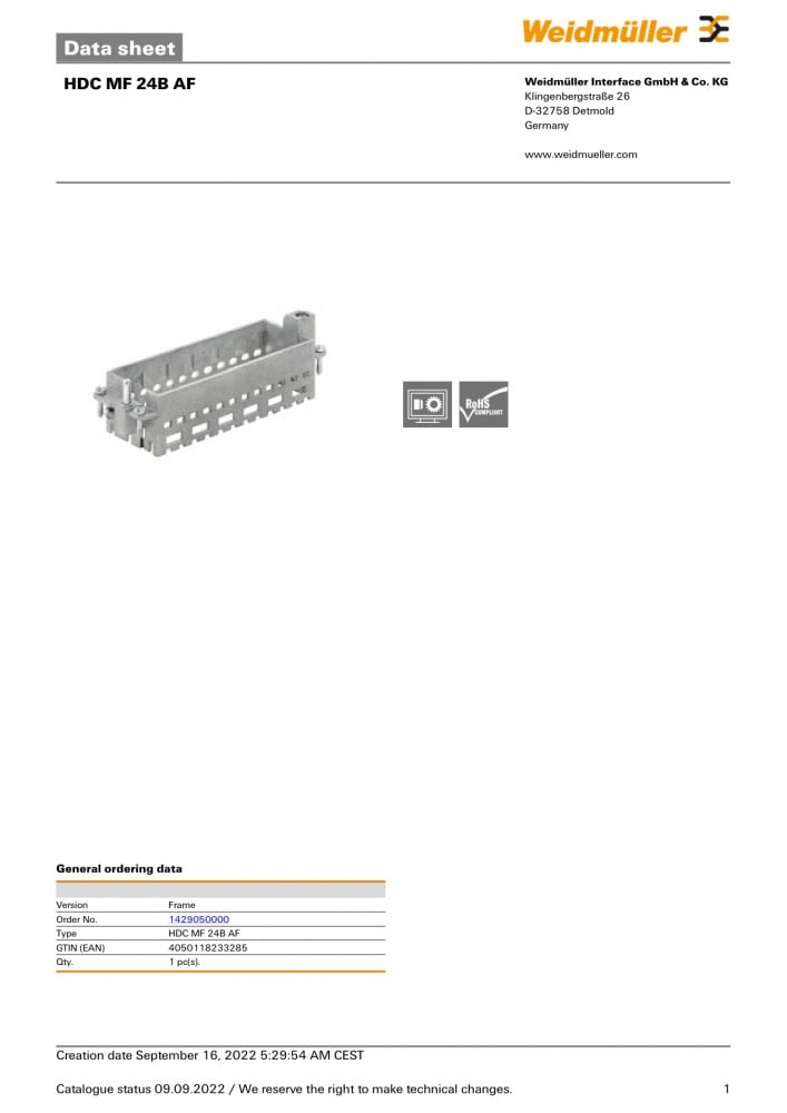 WEIDMULLER HDC MF 24B AF documentation page 1
