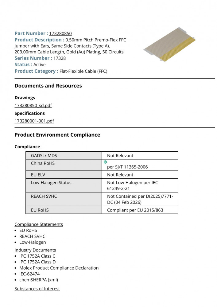 MOLEX 173280850 technical drawing page 1