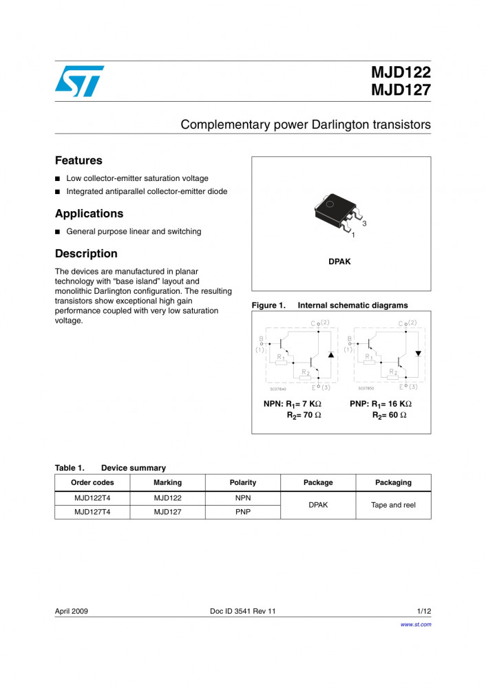 MJD122T4 datasheet page 1