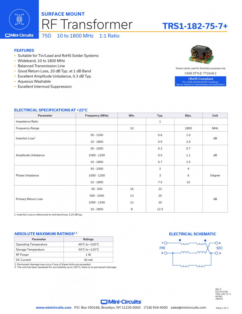 TRS1-182-75-7+ product documentation page 1