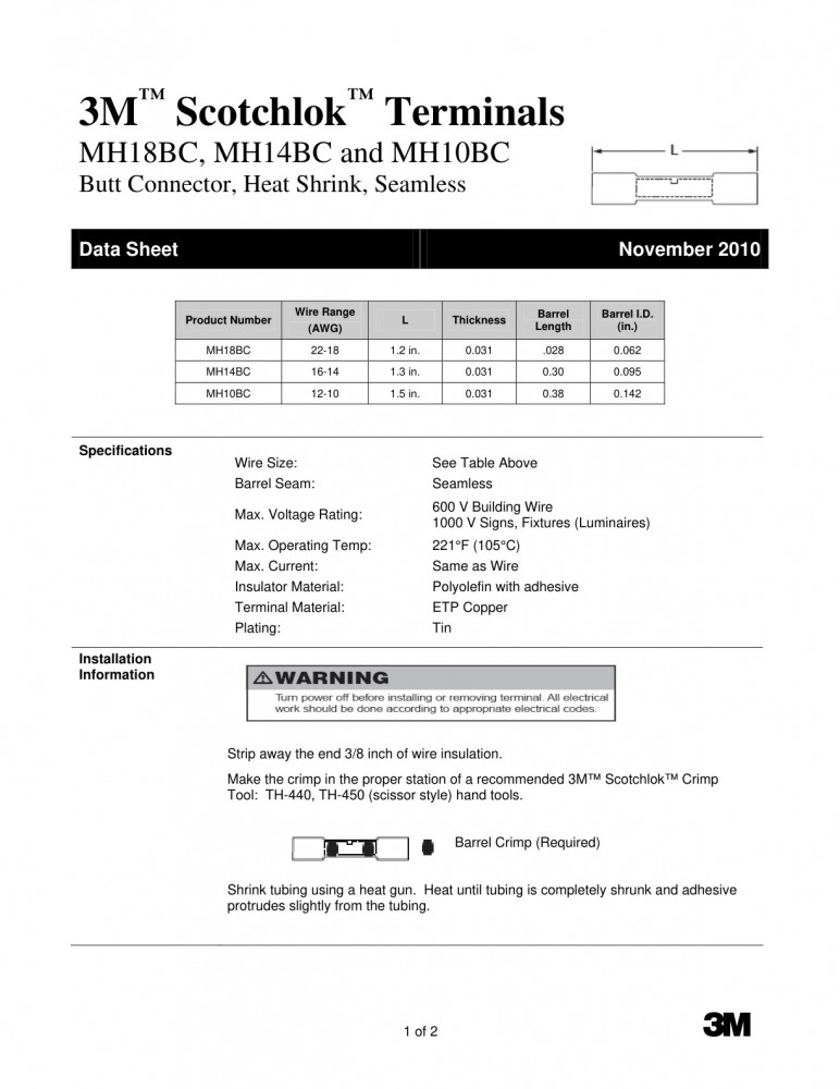 3M Scotchlok MH10BC family technical data sheet page 1