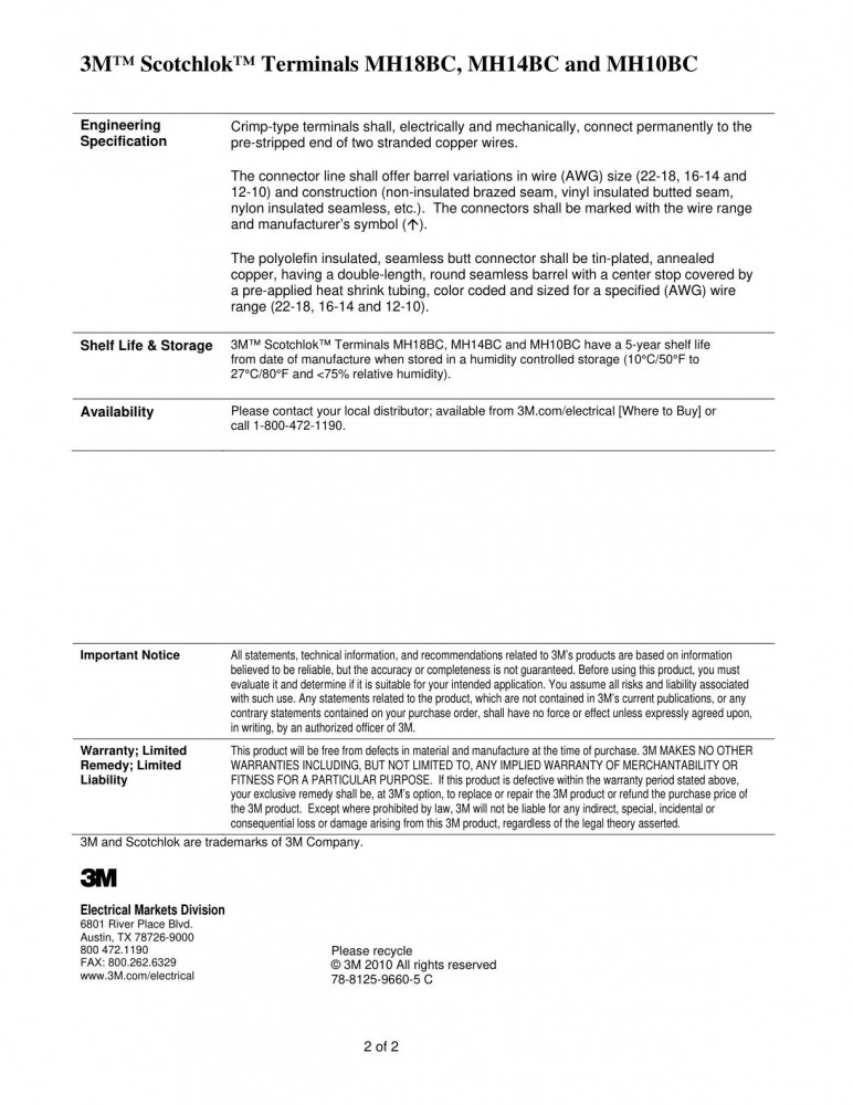 3M Scotchlok MH10BC family technical data sheet page 2