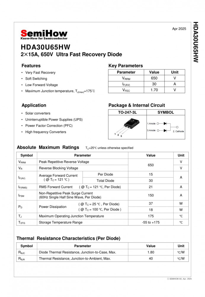 HDA30U65HW technical document page 1